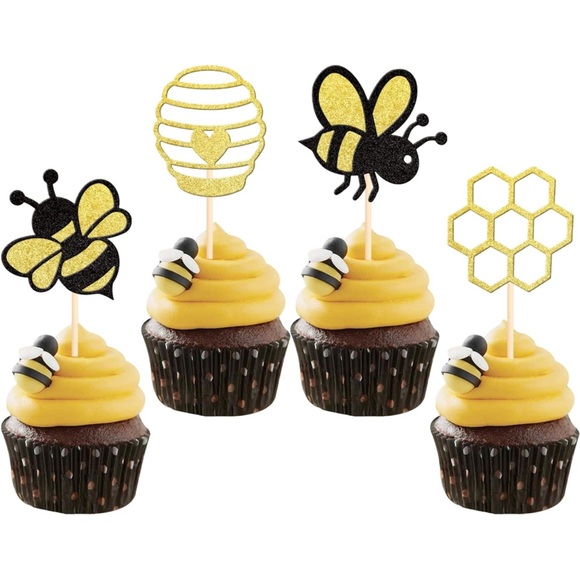 Party Supplies | 12pc Bumble Bee Cupcake Toppers Glitter Bee Honeycomb ...